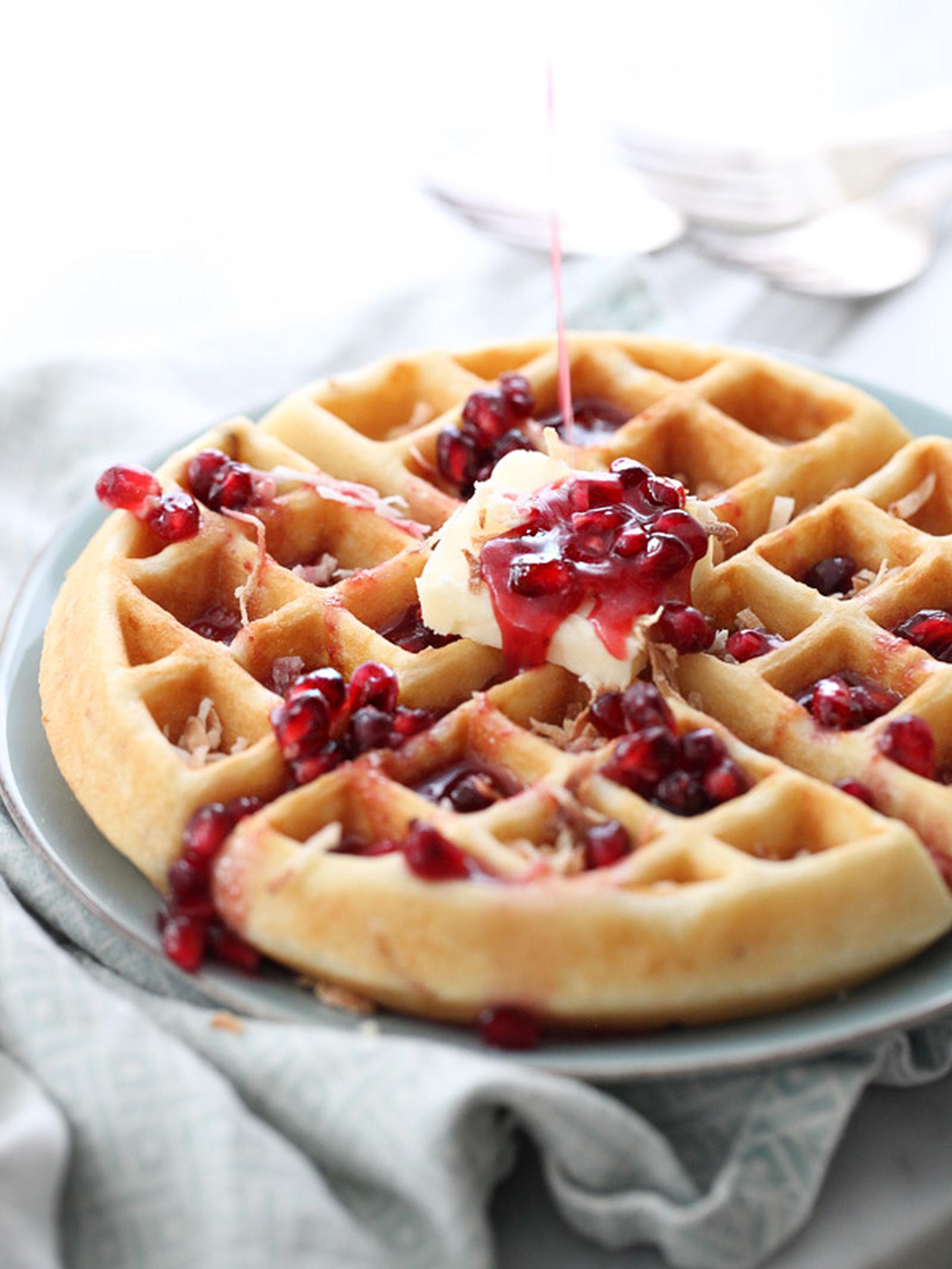 Coconut Waffles with Pomegranate Syrup